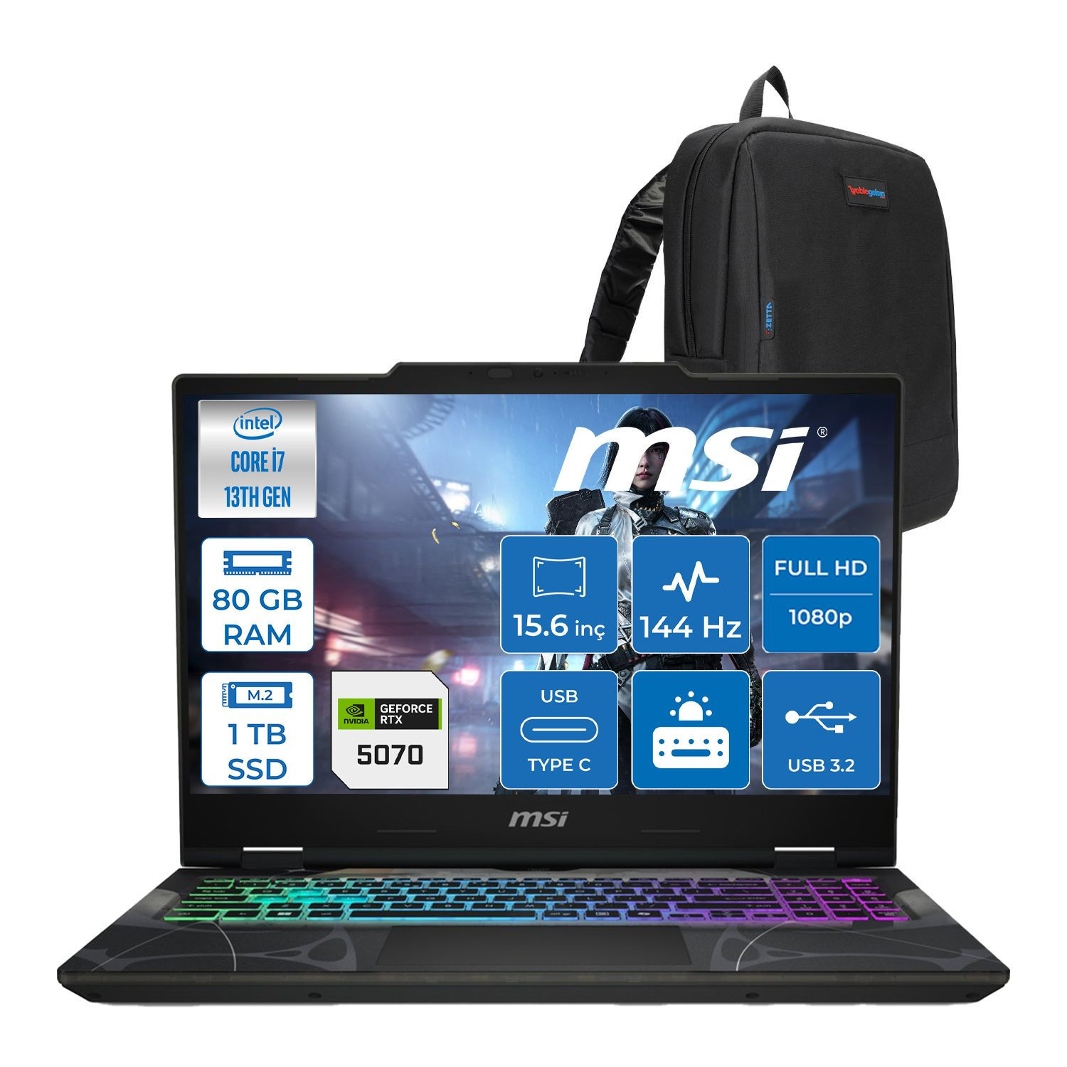 MSI Msı Cyborg 15 Intel Core I7 13620H 80GB Ddr5 1tb SSD RTX5070 Gddr7 ...