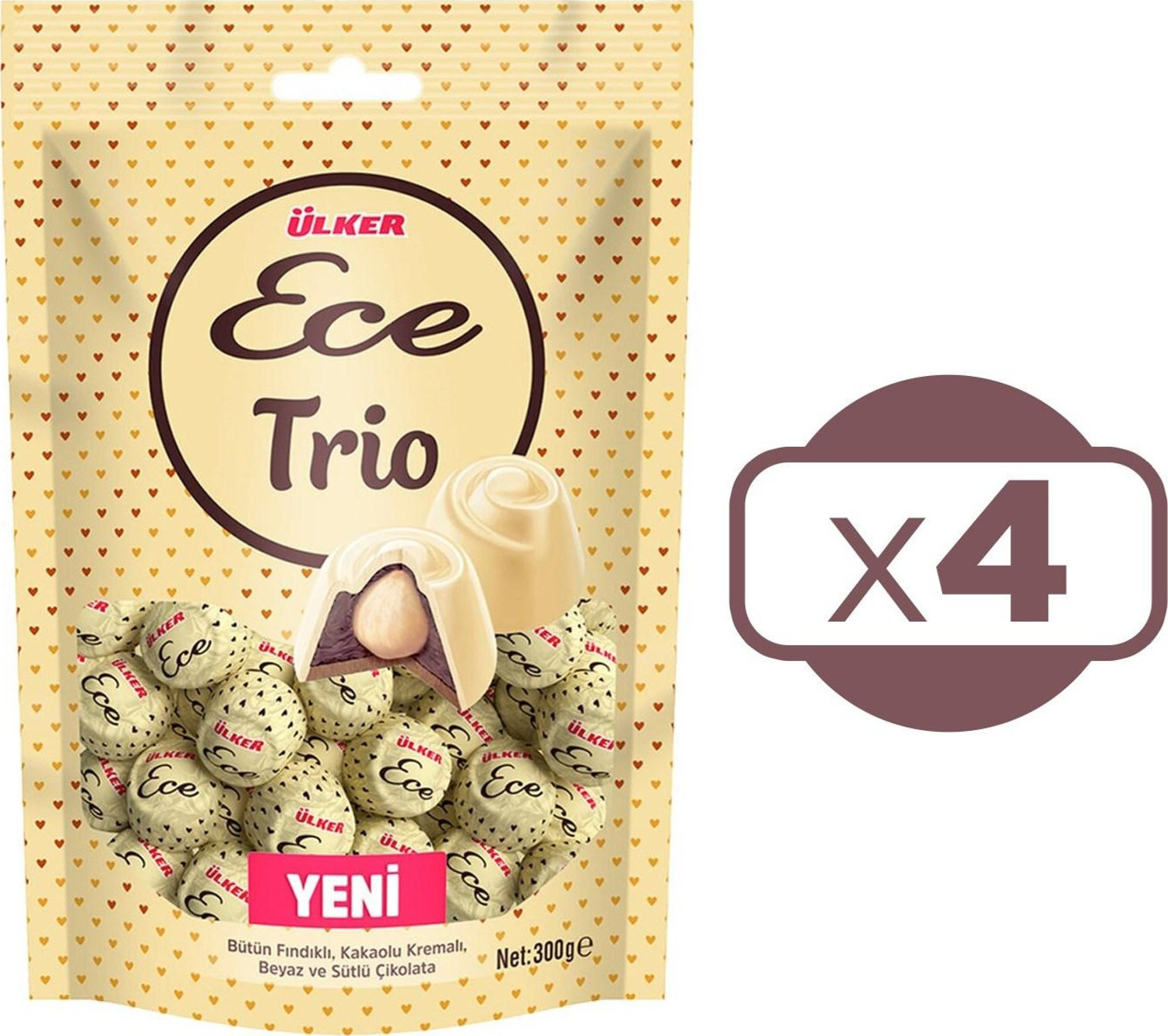 Ülker Ece Trio Bütün Fındıklı Beyaz ve Sütlü Çikolata 300 gr 4 lü - idefix