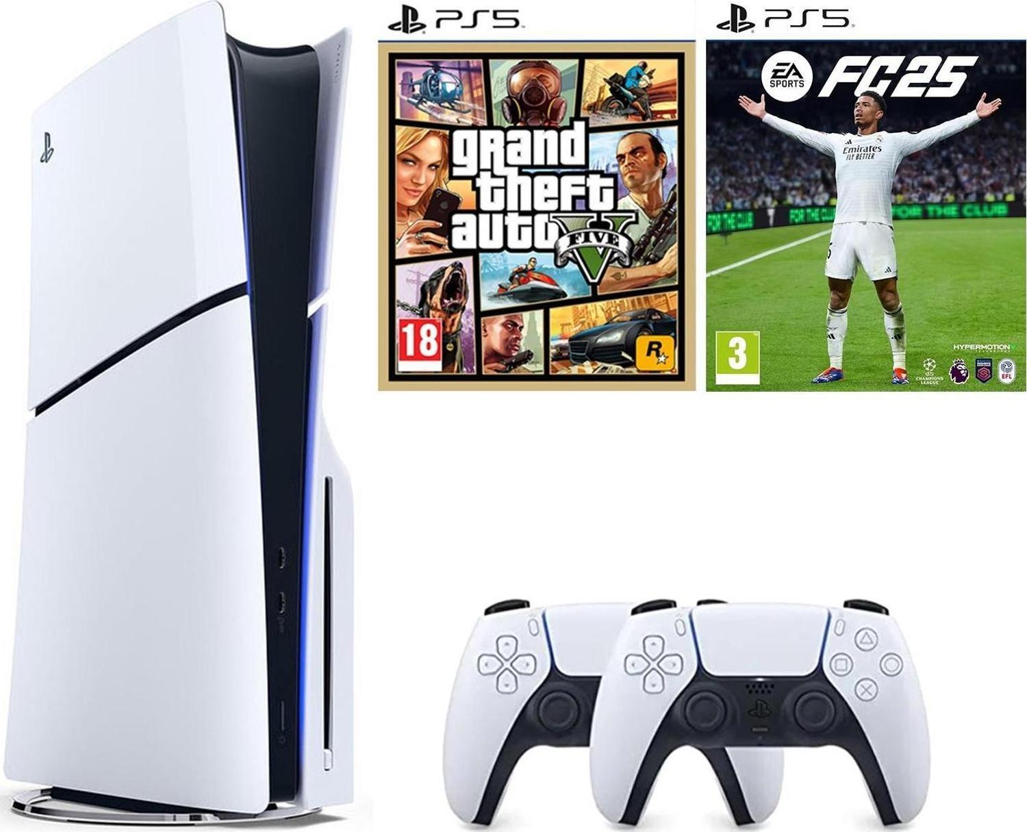 PlayStation 5 1 TB Slim CD Edition Oyun Konsolu + 2. PS5 Kol + PS5 GTA 5 + PS5 FİFA 25 Oyunu ...