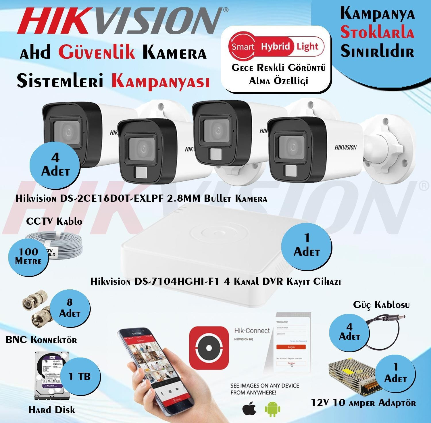 Hikvision Smart Hybrid Light AHD 4 Adet Bullet Kamera 2 Mp Güvenlik ...