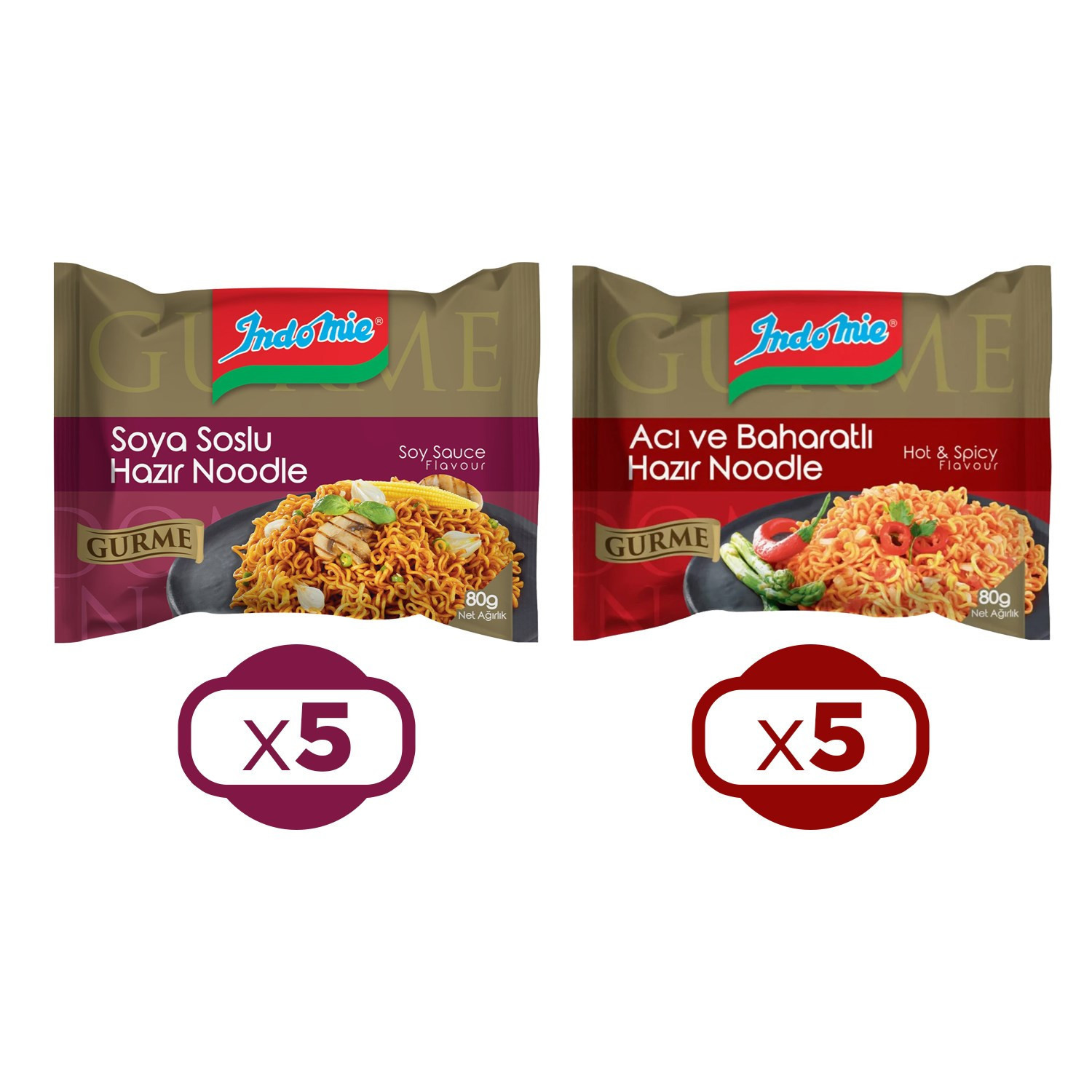 Indomie Noodle Gurme 80 gr Soya Soslu & Acı ve Baharatlı 10 lu Karma Paket
