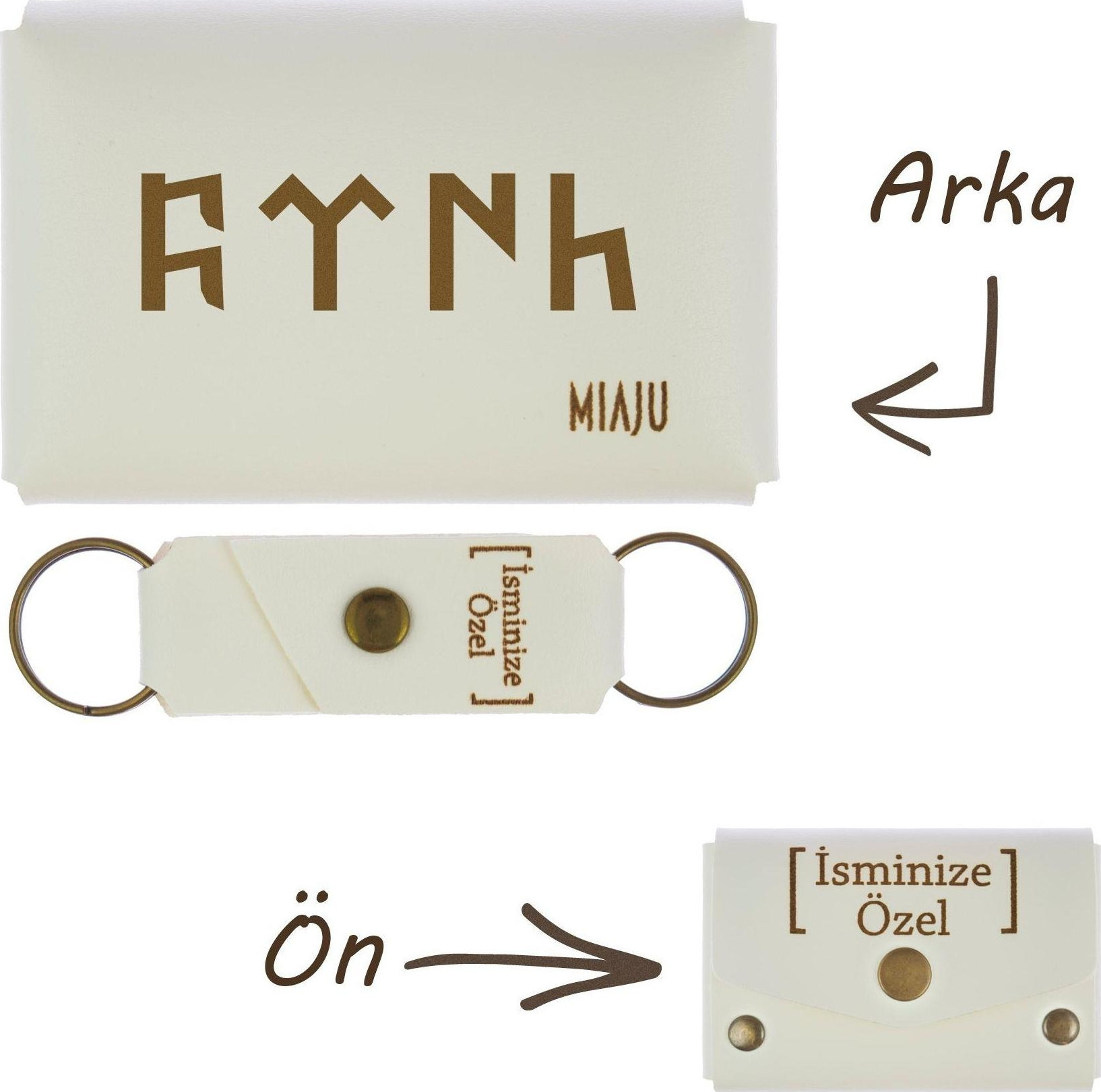 Miaju Beyaz Renk, Göktürk Alfabesi İle Üzerinde Türk Yazılı, İsme Özel Cüzdan Set, Anahtarlıklı ...