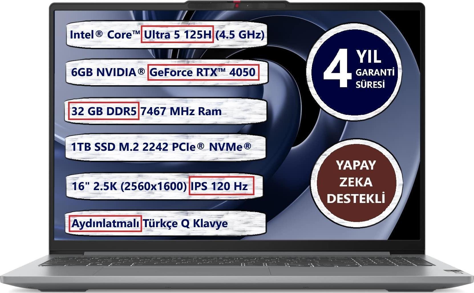 Lenovo Ideapad Pro 5 83D4008BTR 16IMH9 Intel® Core™ Ultra 5 125H 32GB 1tb SSD 6gb RTX4050 120Hz ...