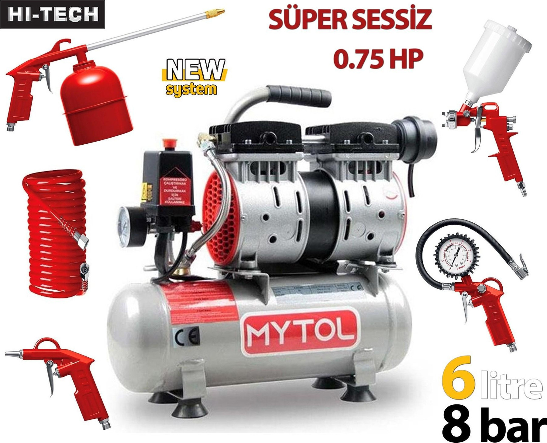 ROWERMAX Mytol 6 Litre 8 Bar Süper Sessiz Yağsız Hava Kompresörü 5 Li ...