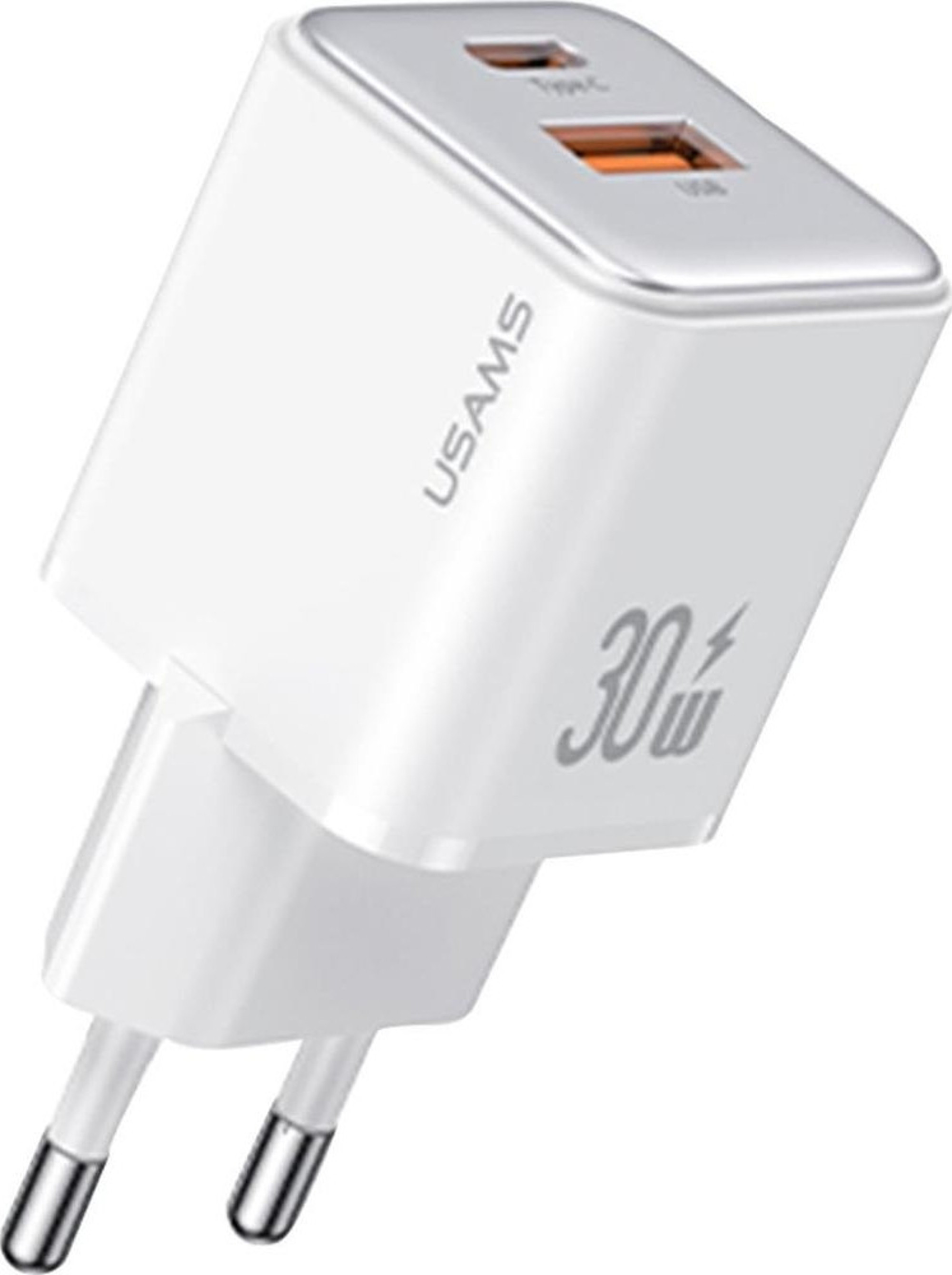 Usams US-CC189W 30W QC+PD (Type-C+USB) Mini Hızlı Şarj Başlığı-Beyaz