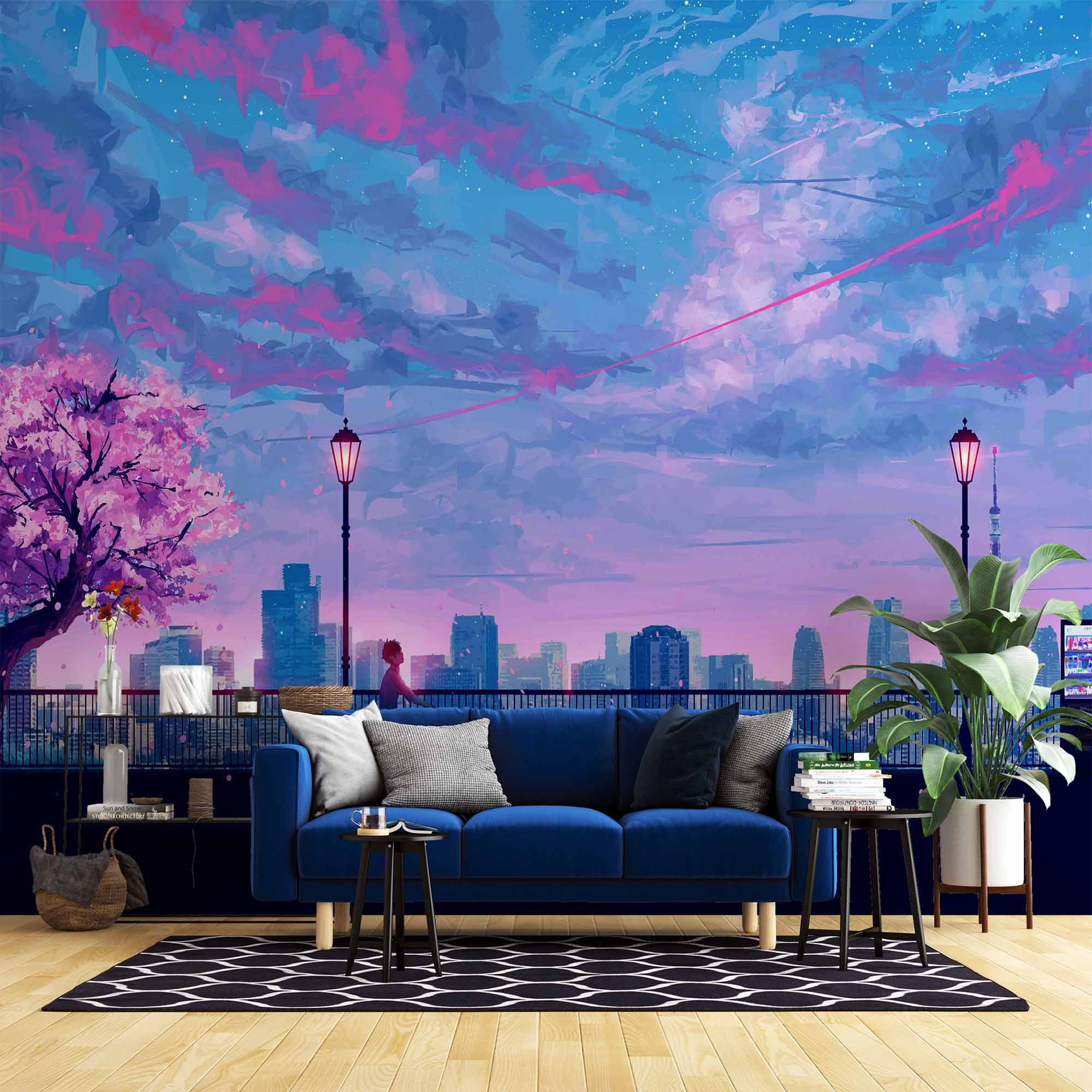 Dinlendirici Pembe Ağaç şehir çizimi Duvar Kağıdı - idefix