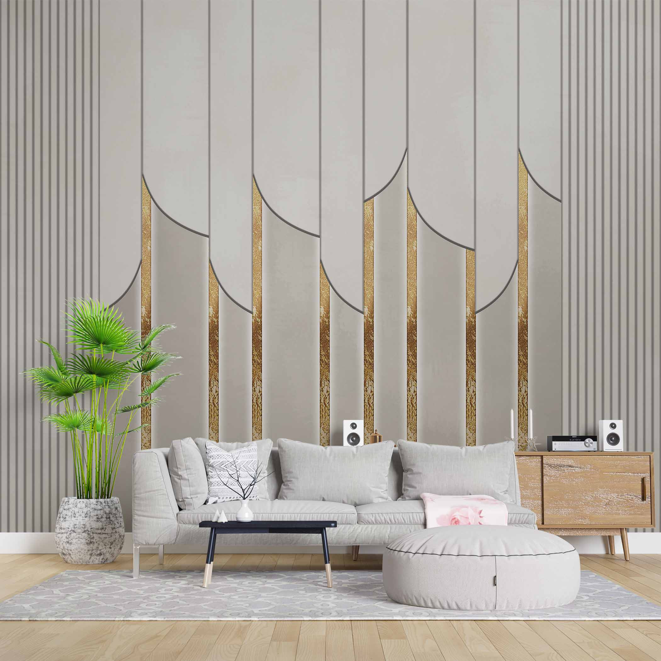 3 Boyutlu Gri Panel Altın Şerit Duvar Kağıdı Baskı - idefix