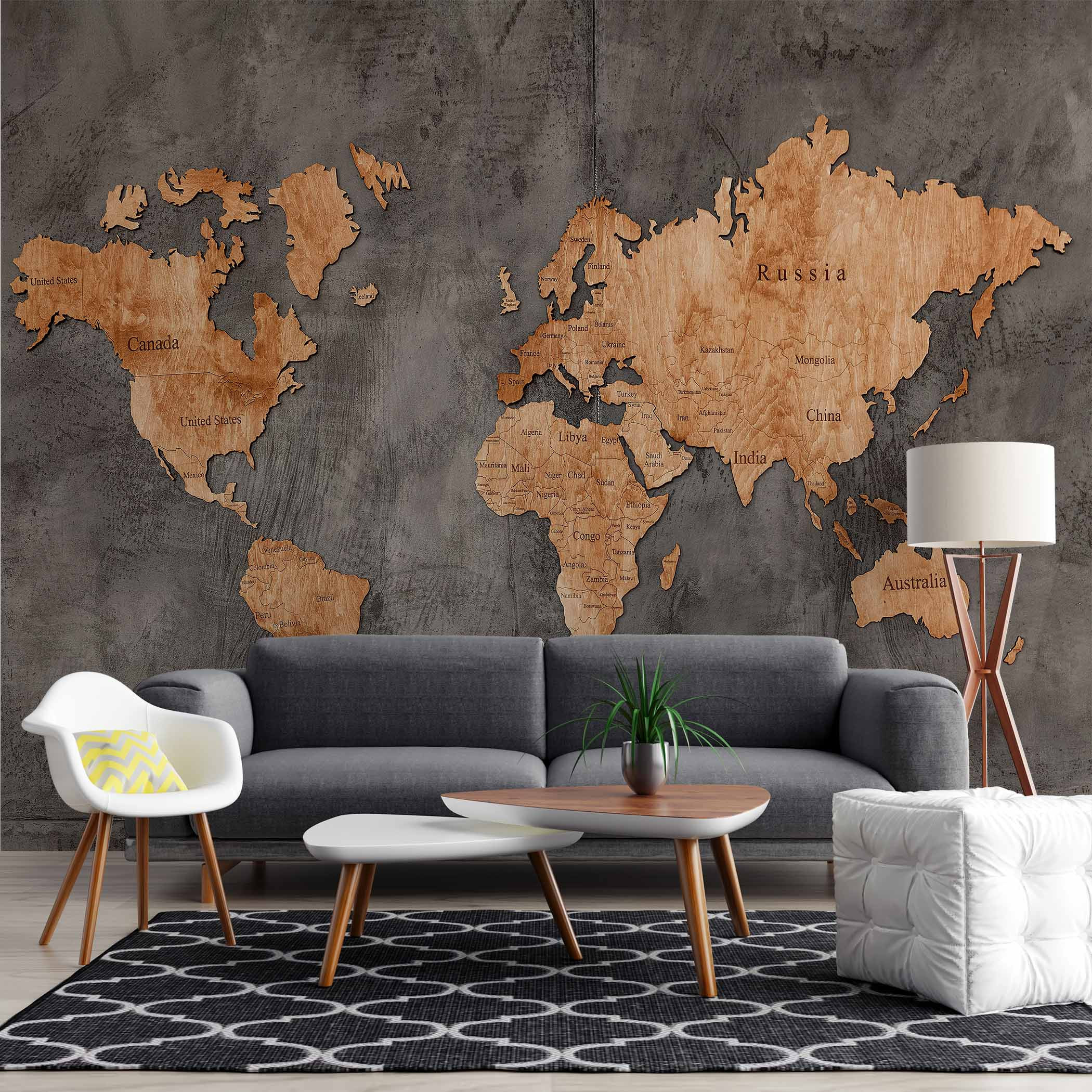 Koyu Ahşap Dünya Haritası Duvar Kağıdı - idefix