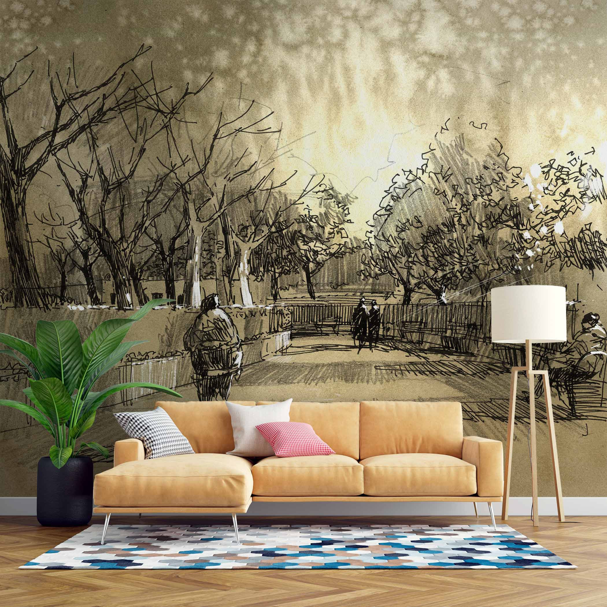 Kara Kalem Cadde Ağaç Çizim Manzaralı Duvar Kağıdı Baskı - idefix