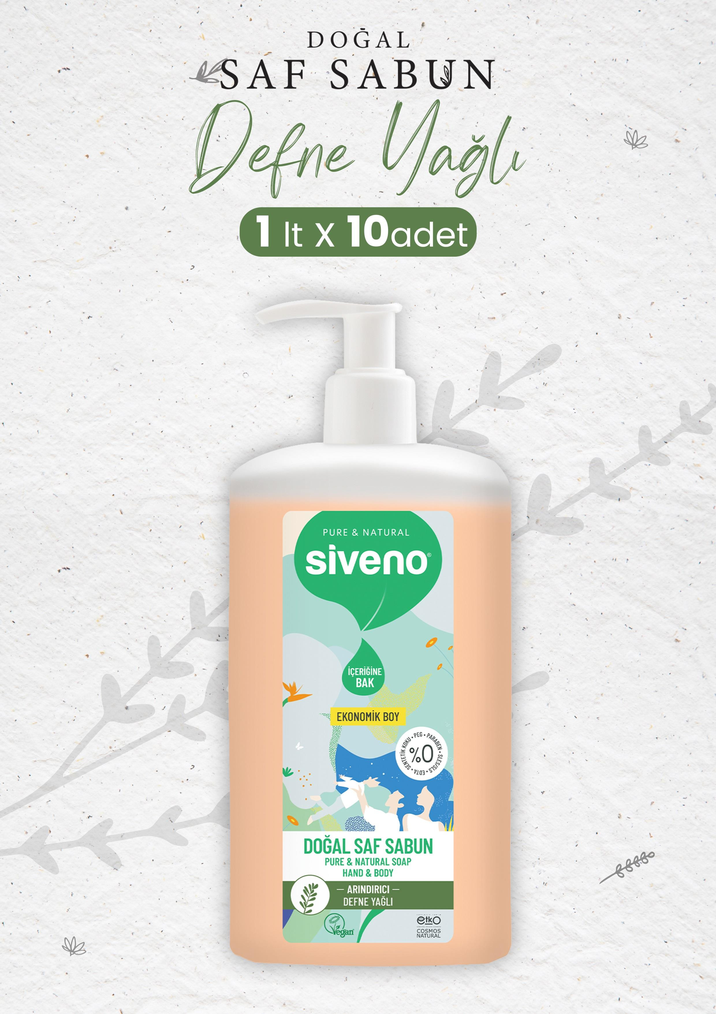 Siveno Doğal Saf Sıvı Sabun Defne Yağlı 1 lt x 10 Adet - idefix