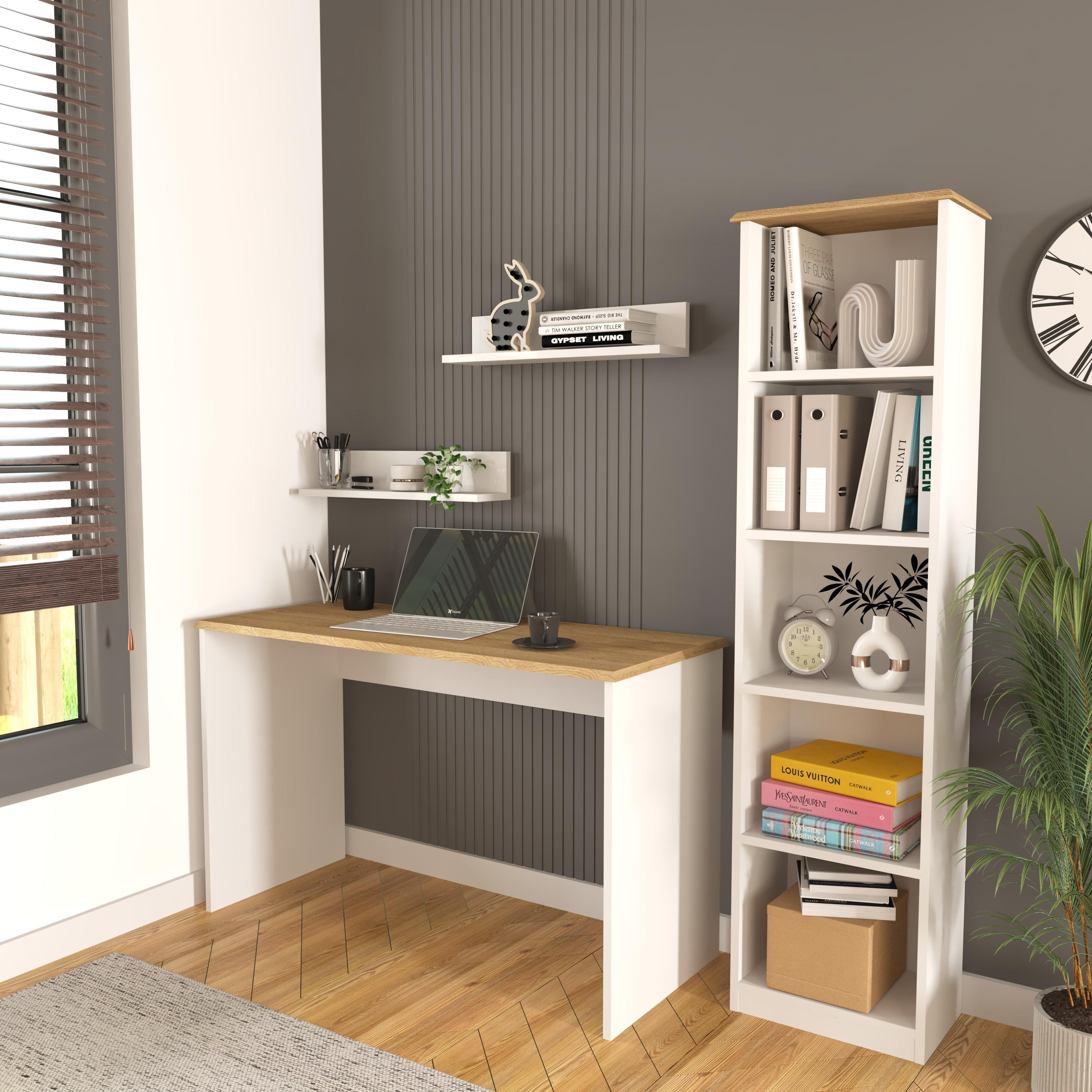 Olven Raflı Çalışma Masası ve Kitaplık Seti , Beyaz - Meşe - idefix