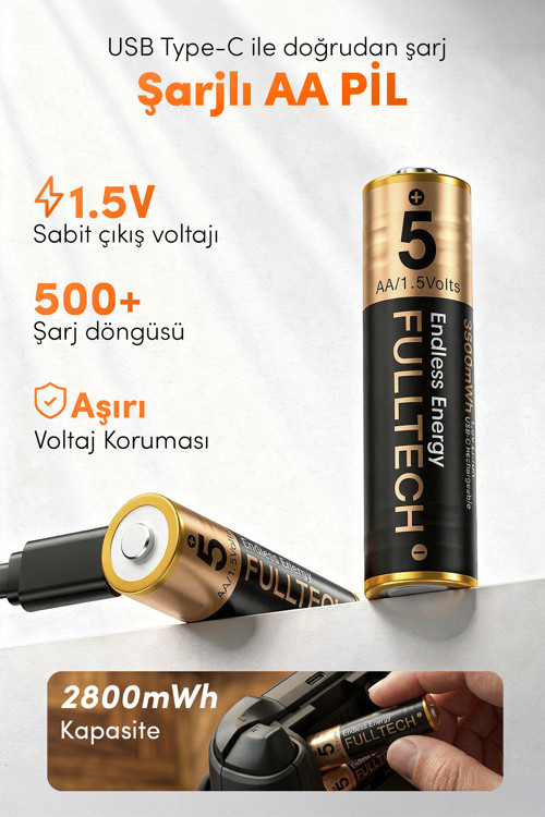 Fulltech FP28 Şarjlı AA Pil 2800mWh 1.5V Type-C Lithium-ion ...