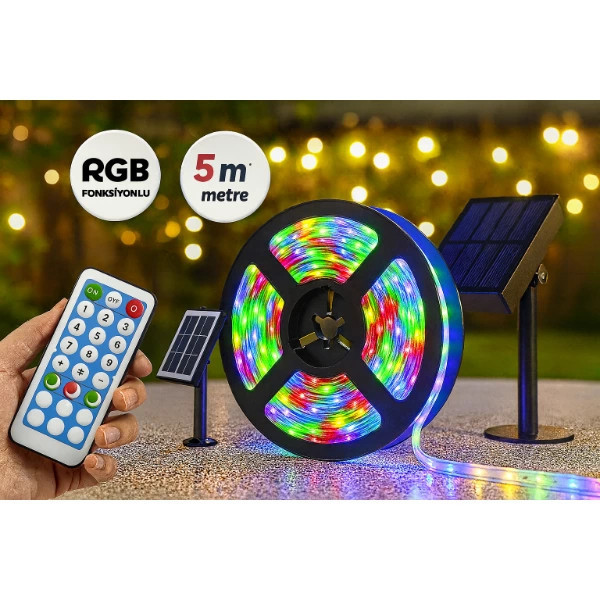MDB Güneş Enerjili RGB 5 Metre Şerit LED Kamp ve Bahçe Aydınlatması ...