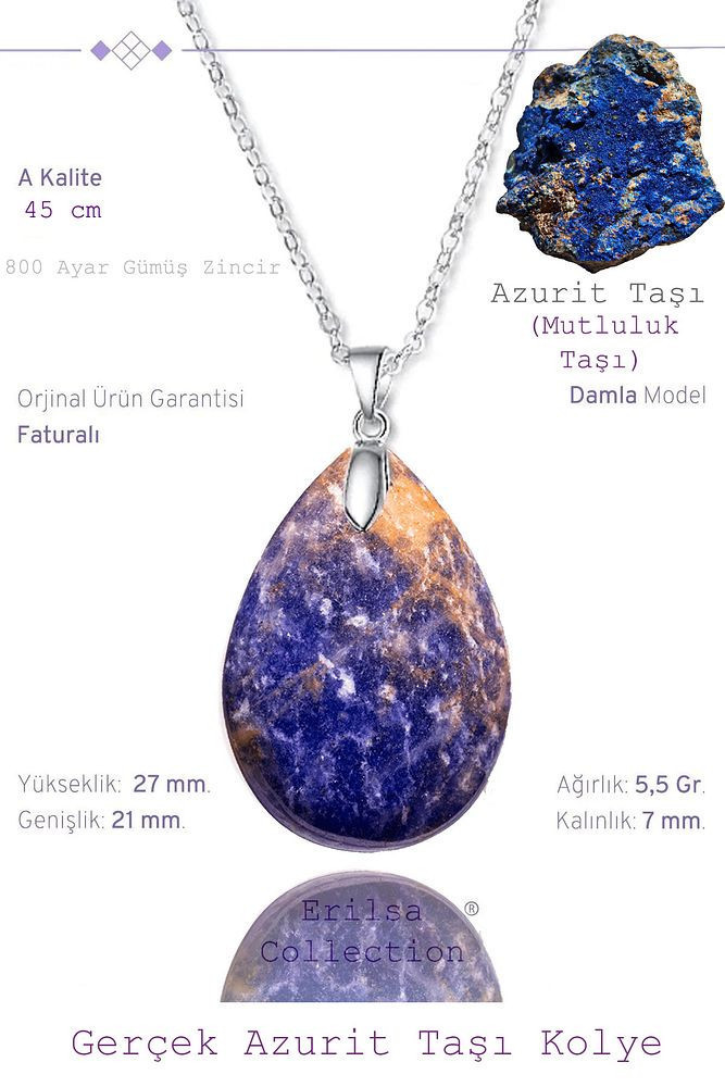 Sertifikalı Damla Model Azurit Taşı Kolye (GÜMÜŞ APARATLI) - idefix