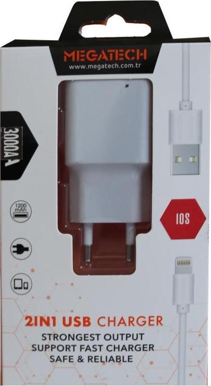 Megatech 3.0A Ev 2IN1 Ev Şarj Kafa +Iphone Şarj Kablo Hızlı Şarj - idefix
