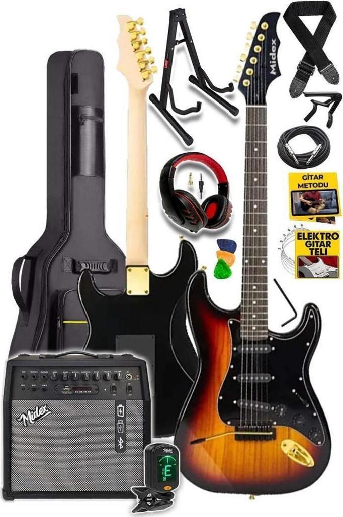 Midex GLC-40SB-50AMP Elektro Gitar Seti 50 WATT Şarjlı BT Amfi Kulaklık ve Full SET - idefix
