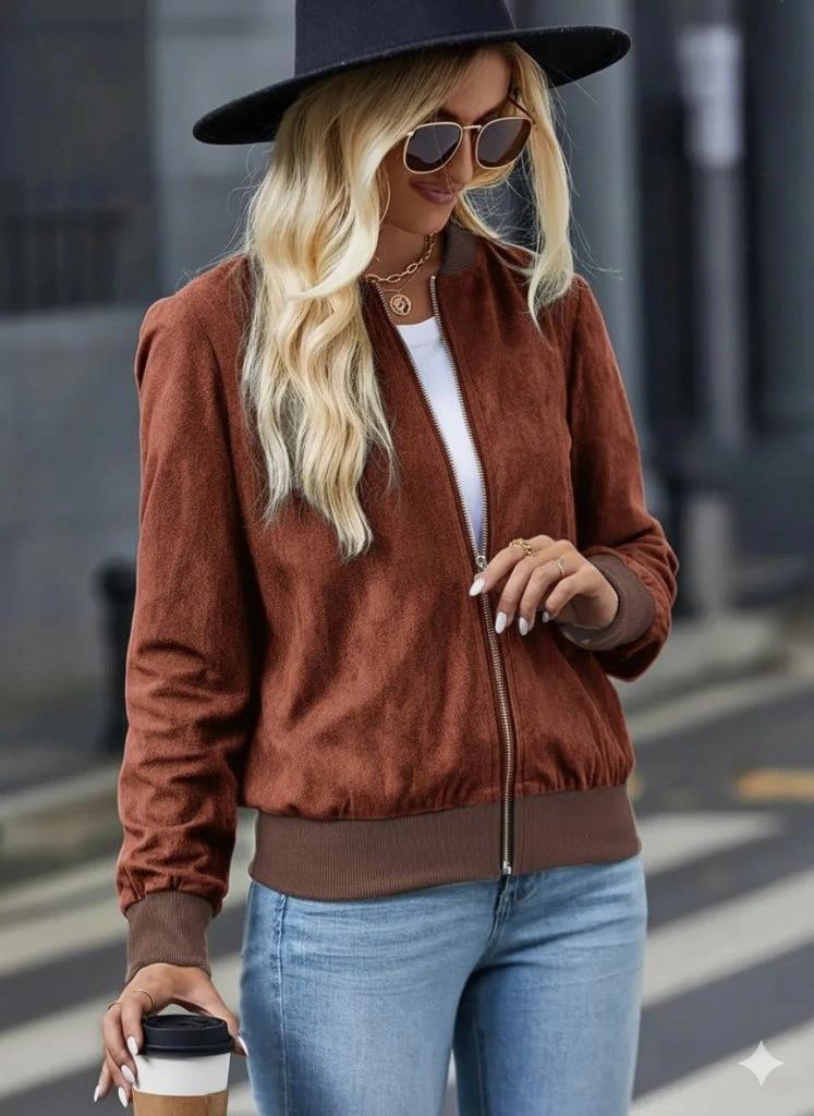 Kadın Uzun Kollu önden Fermuarlı Süet Ceket - idefix