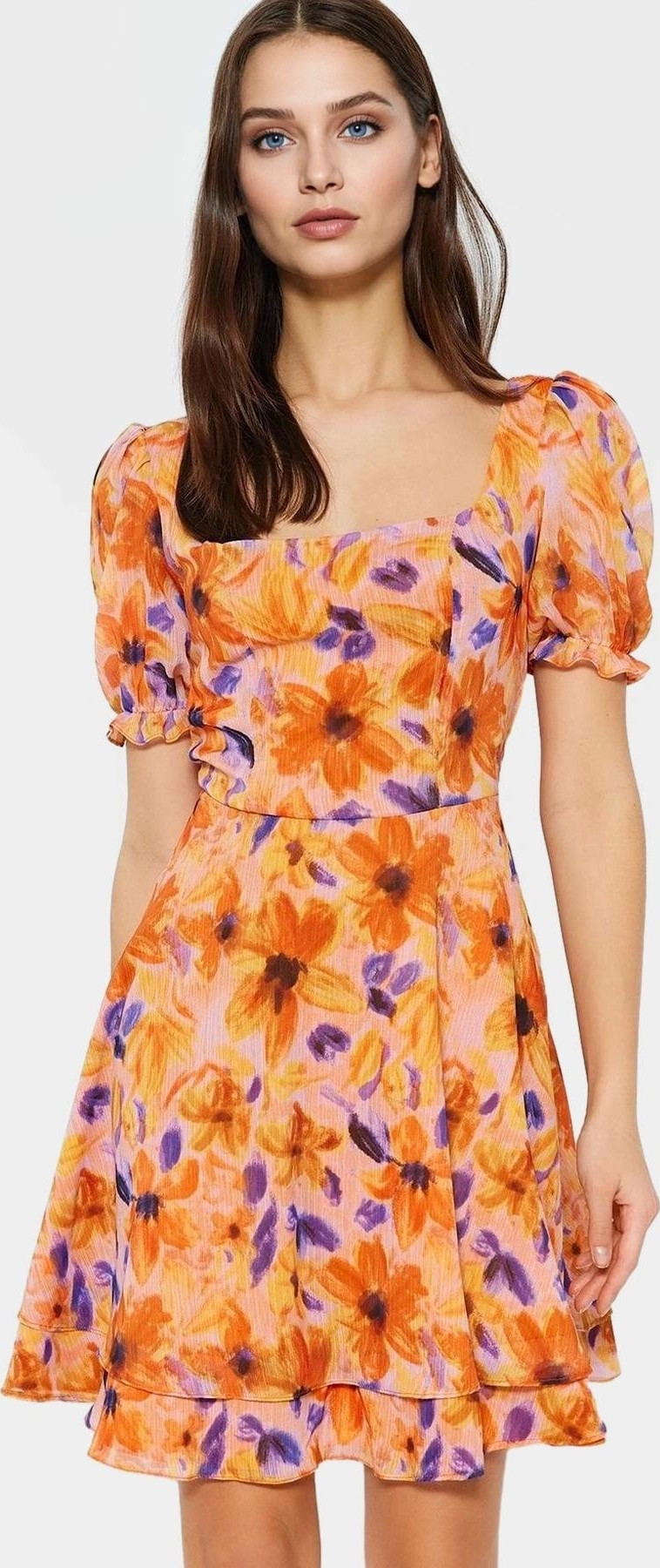 Şifon Mini Elbise Balon Kol Kare Yaka Yazlık Dokuma Uzun Ömürlü ...