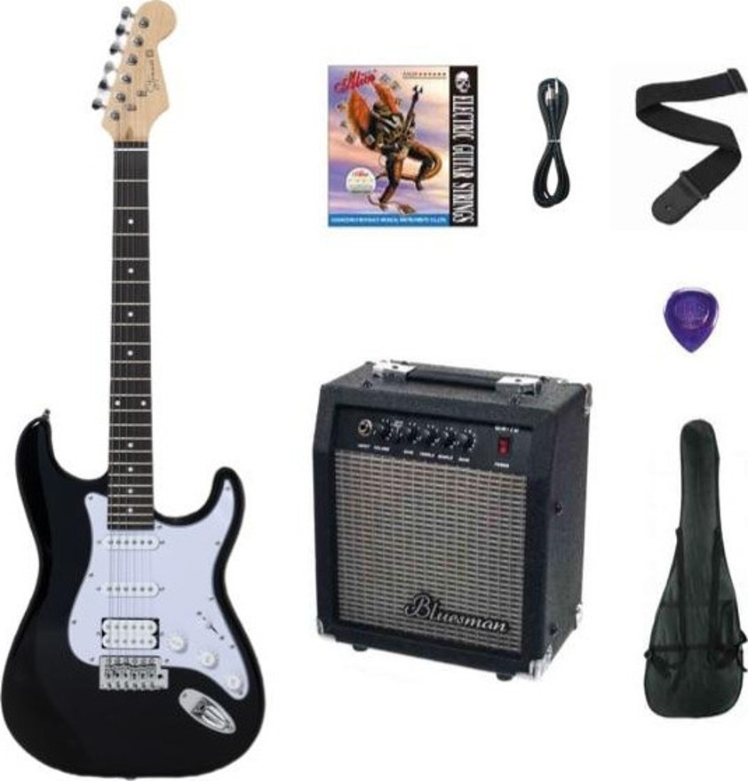 STRAUSS ESH-211 BK ELEKTRO GİTAR HSS - SİYAH SET(Amfi-KILIF-ASKI-TEL ...