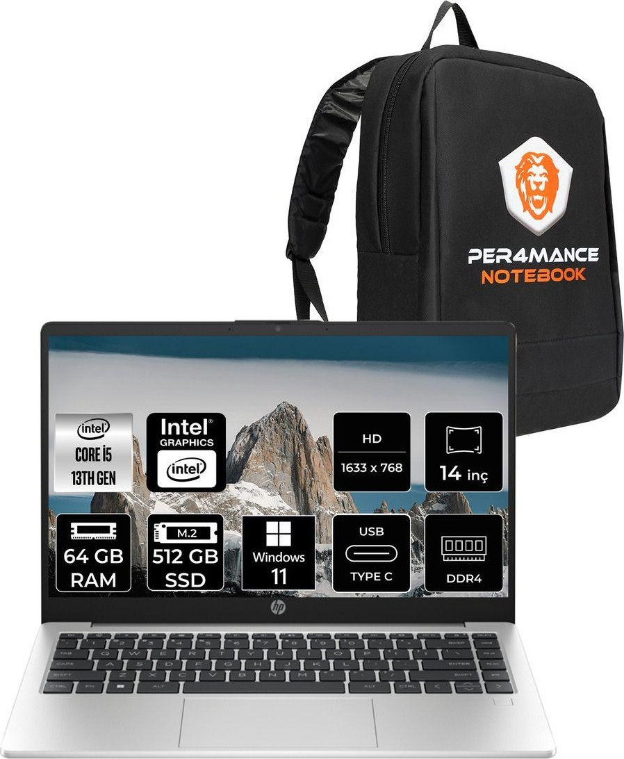 Hp 240 G10 Intel Core İ5 1335U 64Gb Ram 512Gb Ssd 14'' Hd W11P Taşınabilir Bilgisayar & Per4 ...