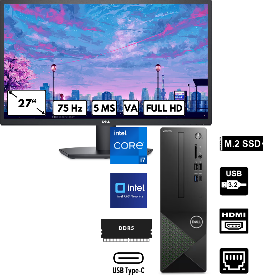 Dell Vostro 3030 i7-12700 16 GB 2 TBSSD UHD Graphics Windows 11 Pro + 27" FHD 5MS Monitör ...