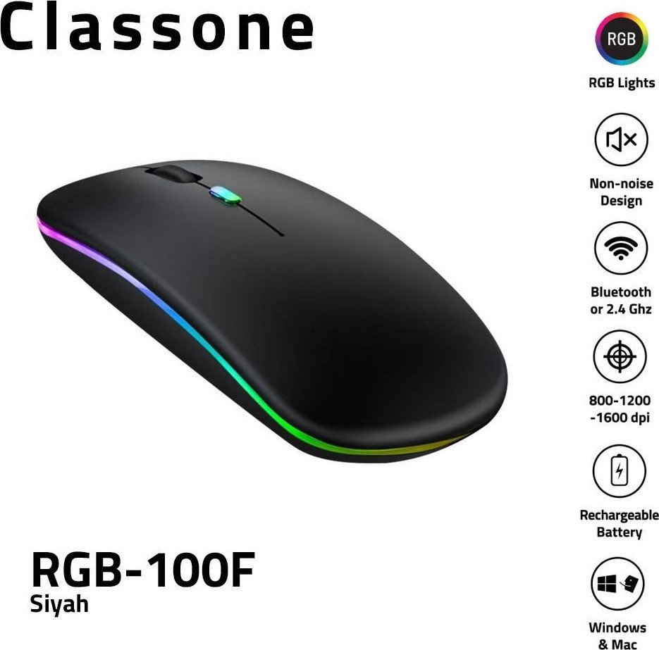 Classone RGB-100F RGB Işıklı Efektli Sessiz RF Kablosuz Bluetooth Mouse ...