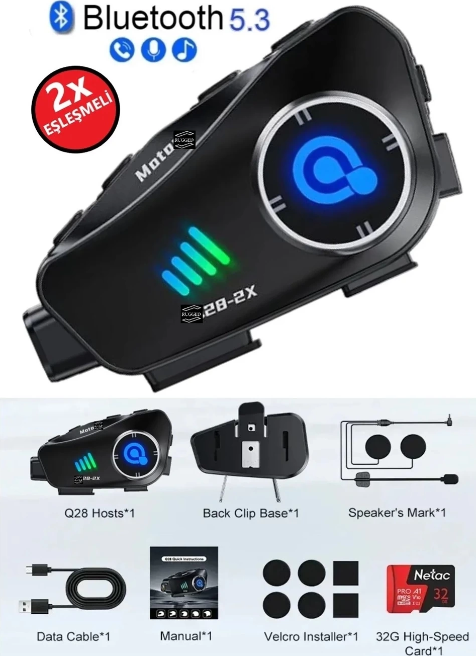 Q28 2X 2 Eşleşmeli Motosiklet Kask Bluetooth Kulaklık 1080P Kamera Su ...