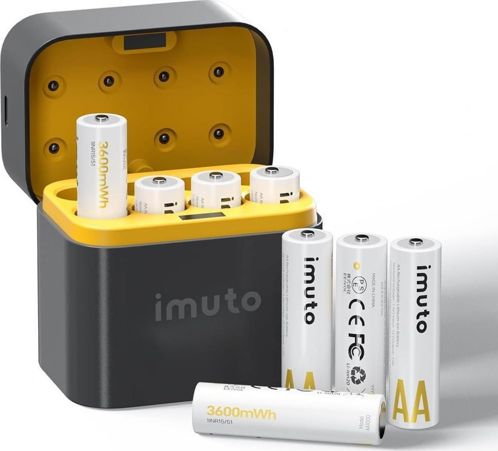 Imuto 3600 mWh AA Lityum Şarjlı Pil Seti (8’li) + 8 Yuvalı Şarj Ünitesi